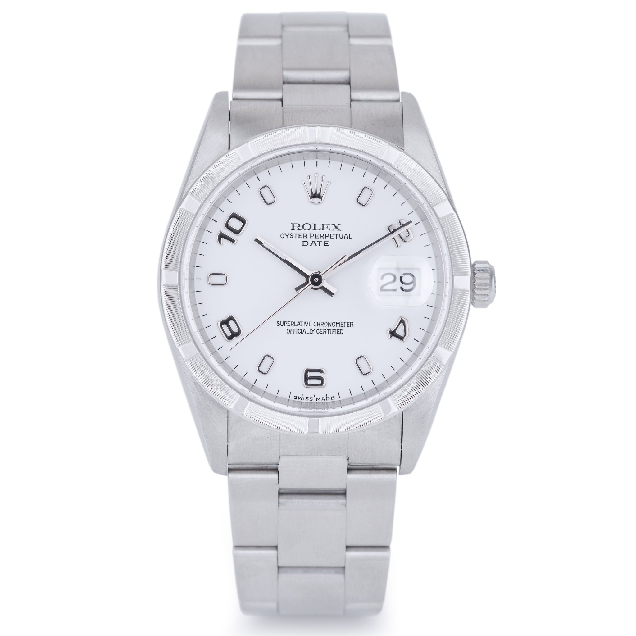 Rolex Date 34mm | REF. 15210 | White Dial | Engine Turned Bezel | Stai